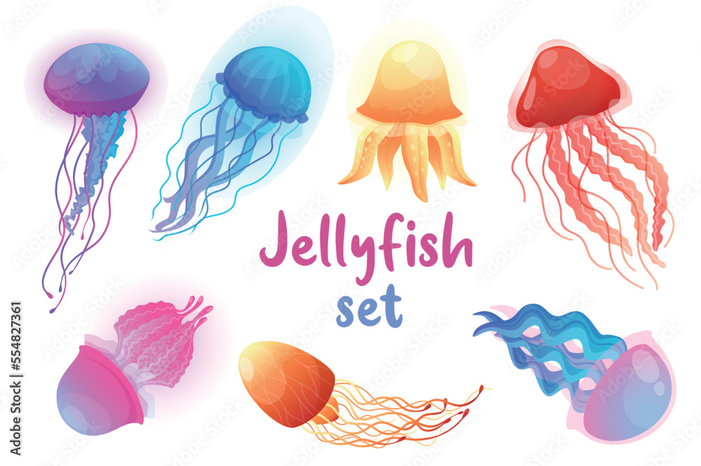 Jellyfish isolated elements set in flat design. Bundle of colorful ...