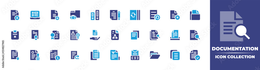 Documentation icon collection. Vector illustration. Containing file, laptop, add file, folder ...