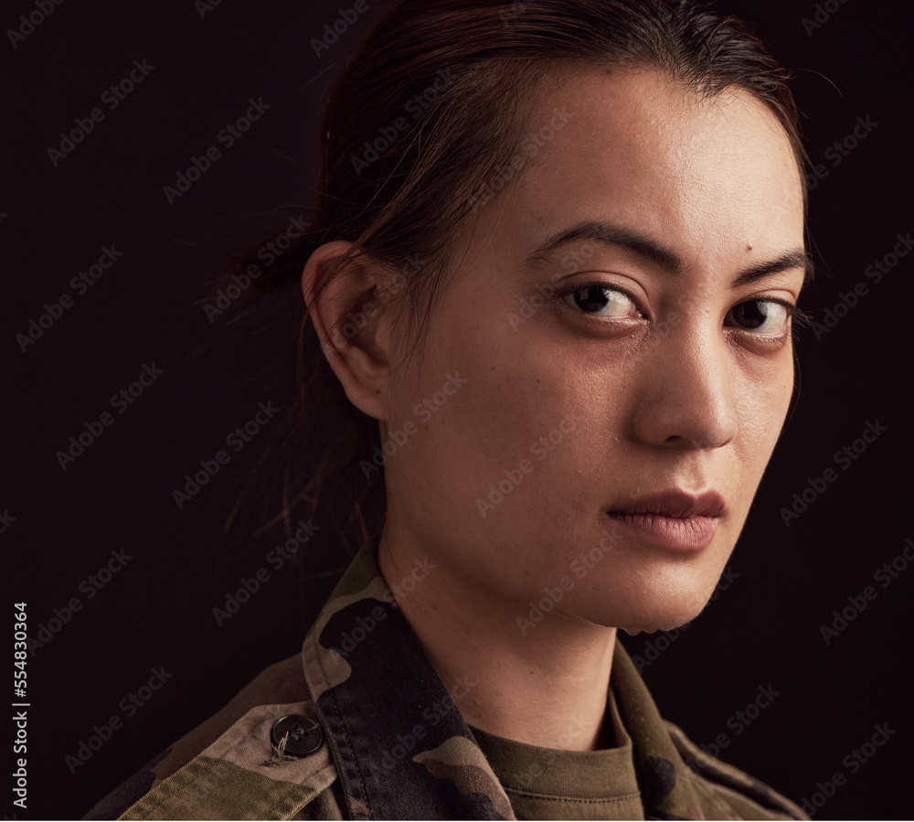 Face, sad woman and crying army soldier with mental health problem ...