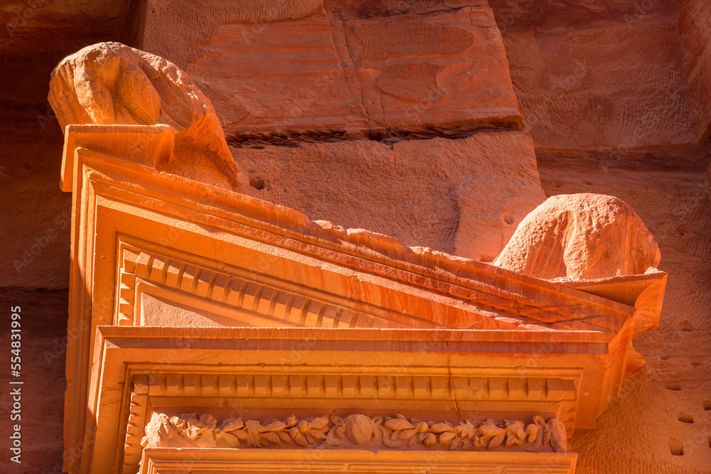 Petra, Jordan close-up details view of the Treasury, Al Khazneh, one of ...