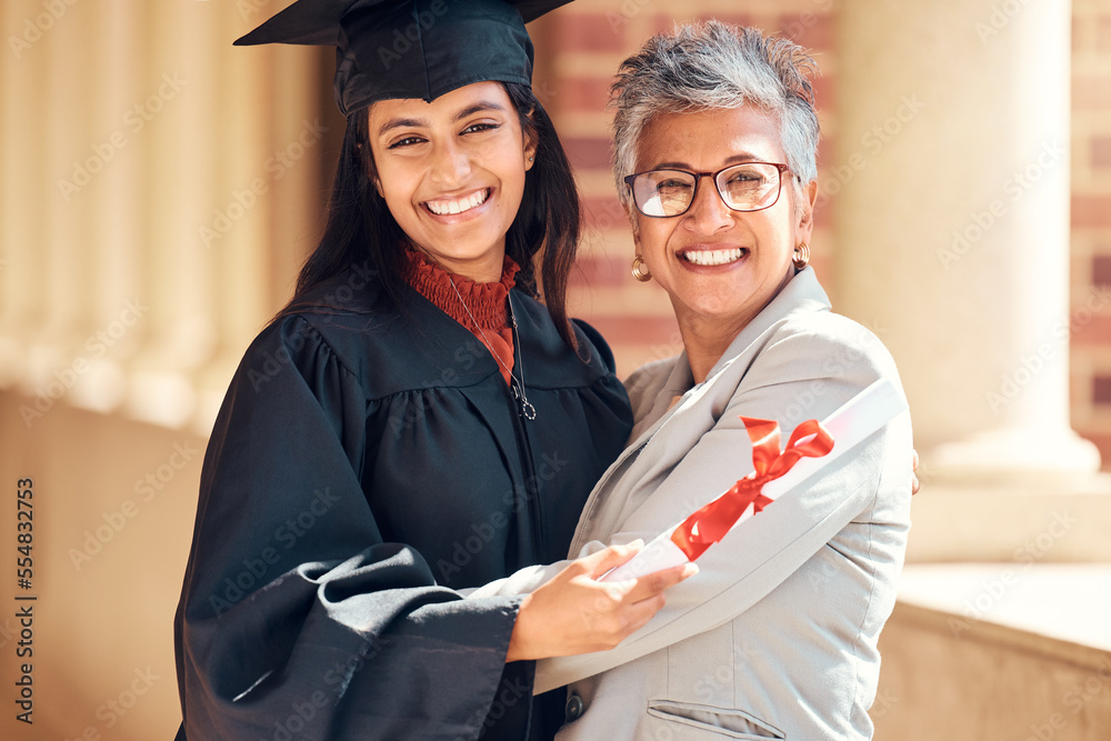Graduation, student and happy mother portrait of women from India at a ...
