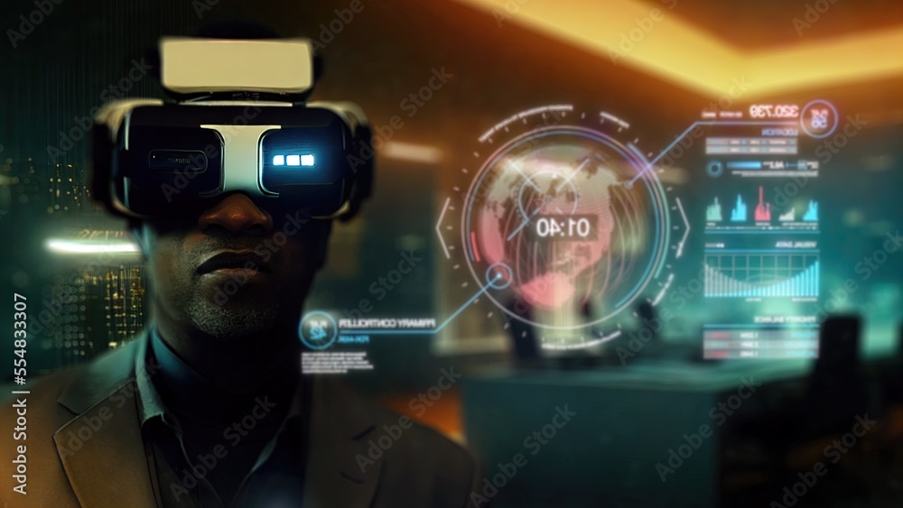African American Businessman Wearing High Tech Vr Headset Interacting ...