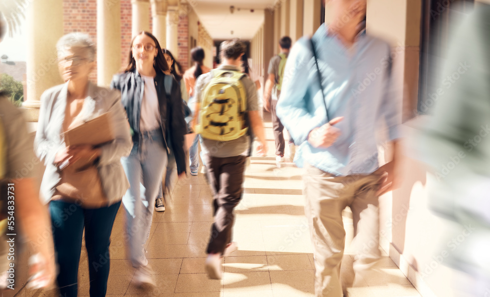 University, campus and busy students walking to class for learning ...