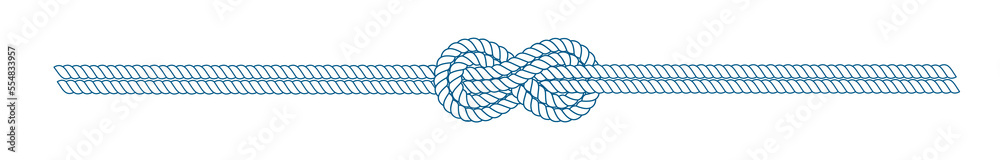 Sailor knot on a rope in a divider or line form. Blue and white cord ...