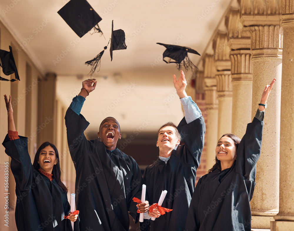College, friends and graduation success portrait with happy, excited ...