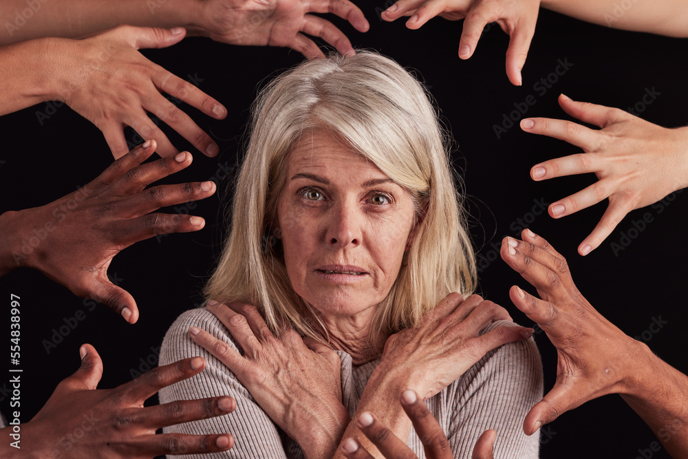 Anxiety, schizophrenia and face of woman with hands reach in horror ...