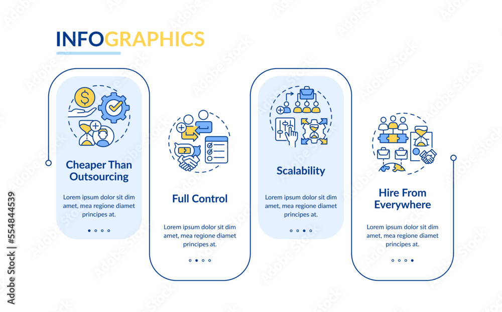 Outstaffing pros for business rectangle infographic template. Control. Data visualization with 4 ...