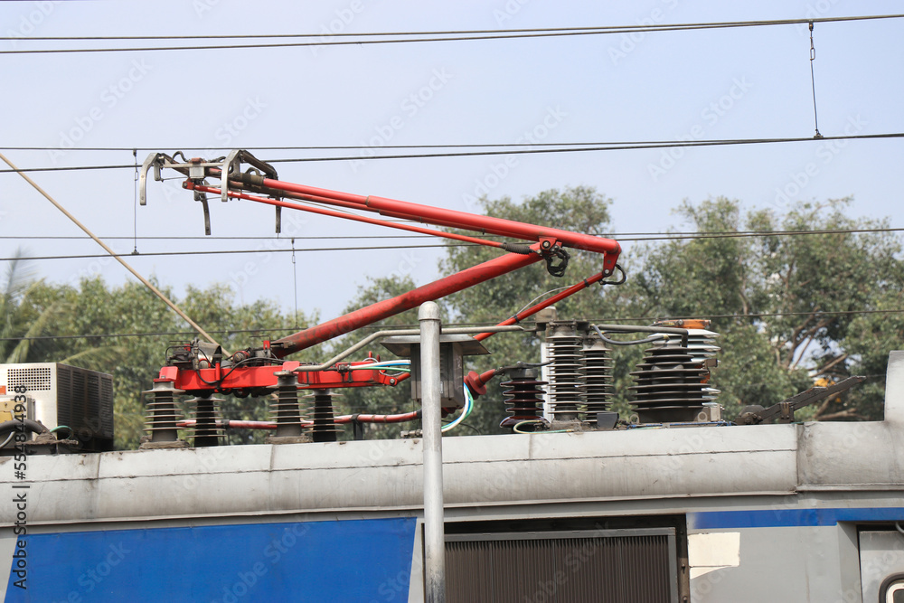 Electric railway trains with the pantograph system connecting with ...