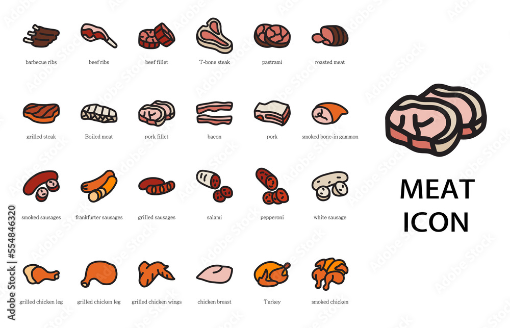 Meat icon set. Chicken Meat, Beef Meat, and Pork Meat. Stock Vector ...