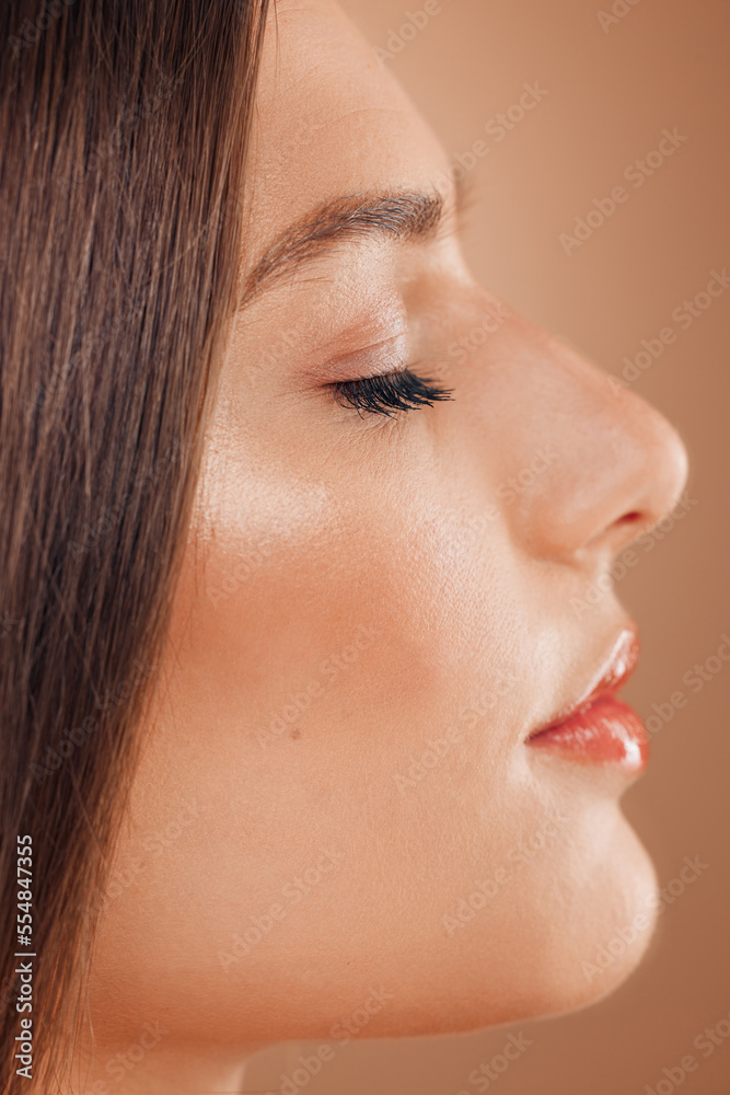 Woman, skincare beauty and face profile in studio for cosmetics makeup ...