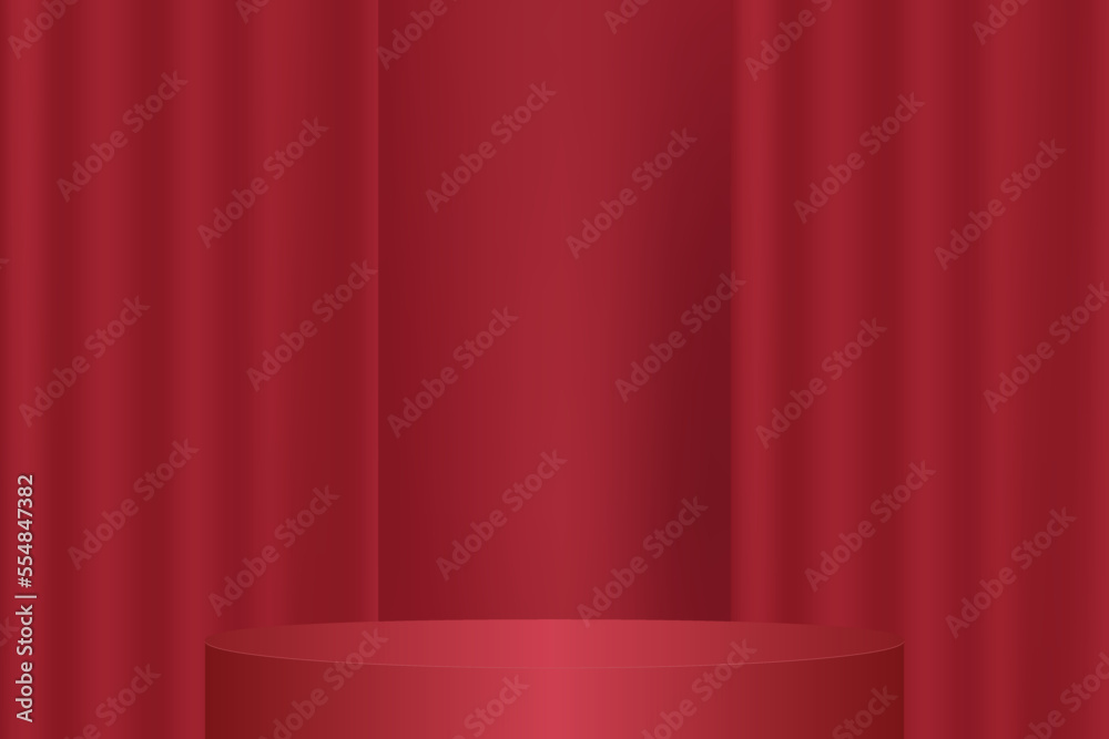 Podium with 3D red circle. A red velvet curtain and a stage pedestal ...