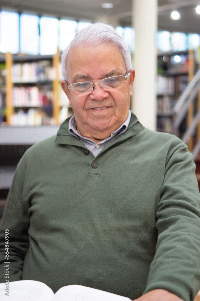 Portrait of elderly man starting day with reading. Grey-haired man ...