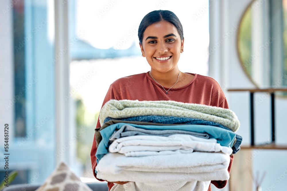 Portrait, cleaning or woman with laundry or happy smile after washing ...