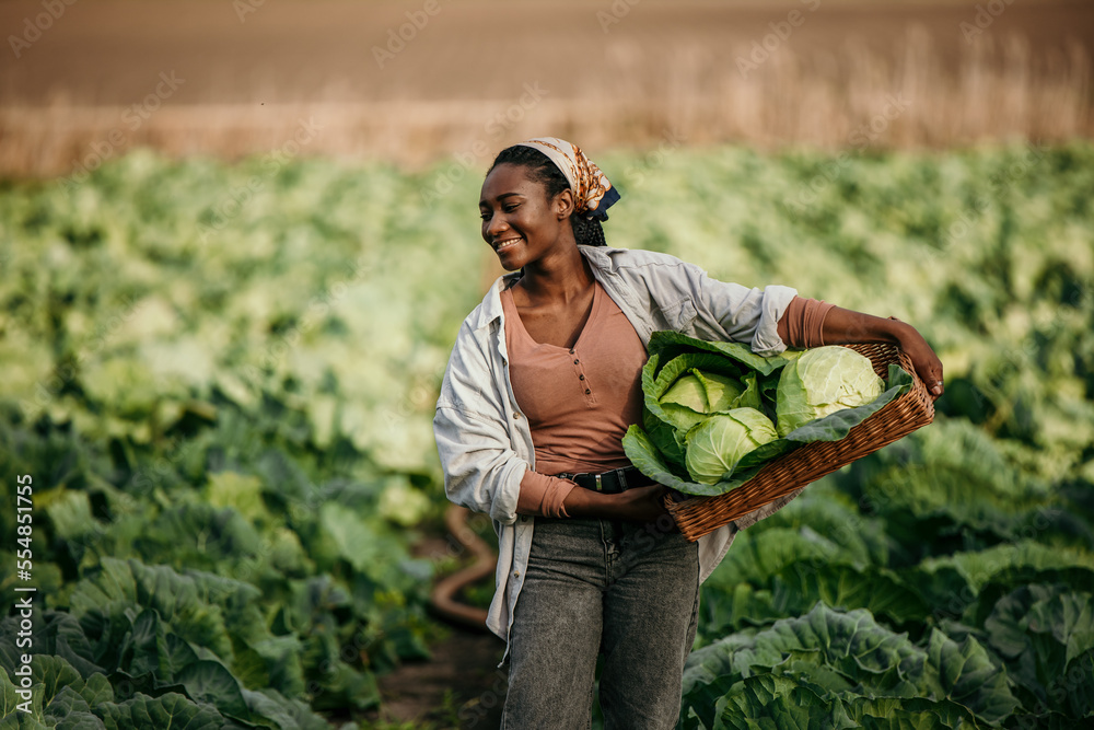 Shot of an attractive young female farmer carrying a crate of fresh ...