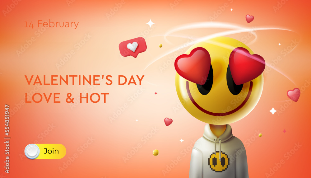 Valentines day web banner, emoticon with heart-eyes emoji character in ...