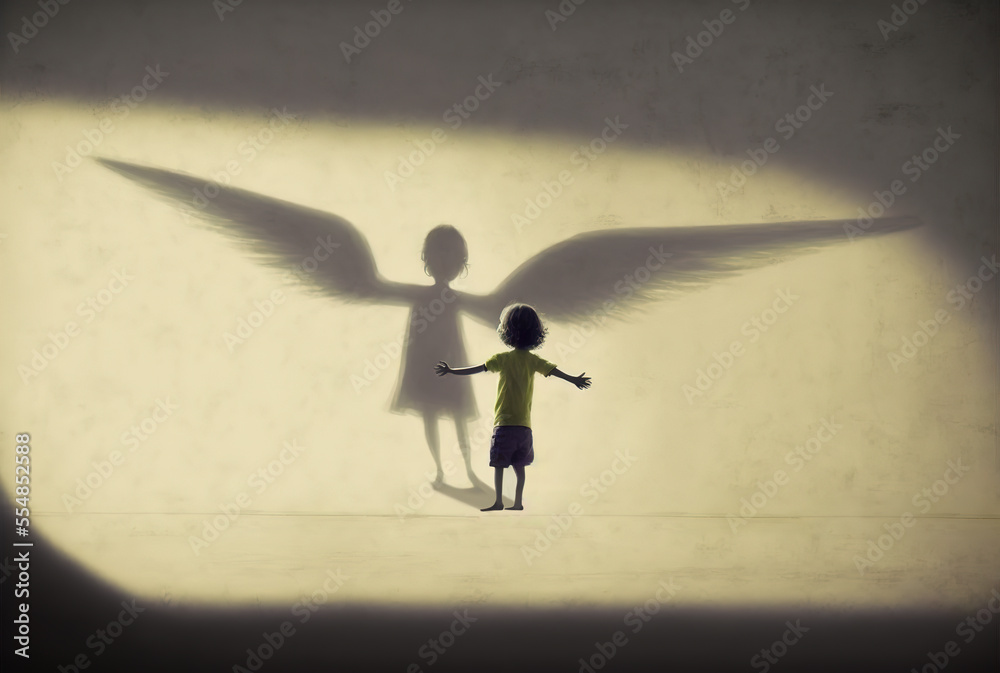 My guarding Angel, child with his shadow as an angel silhuette, Ai ...