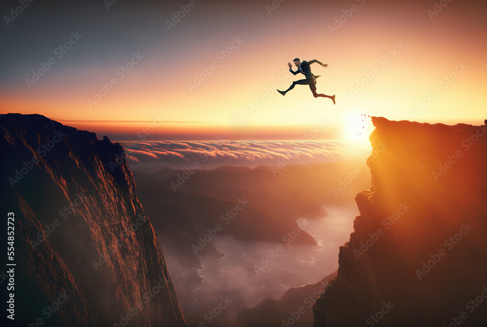 Courage in business concept with Young daring business man jumping over ...
