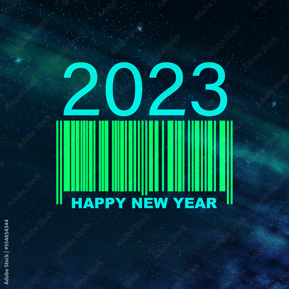 2023.Green numbers and barcode in the starry sky. Concept for the ...