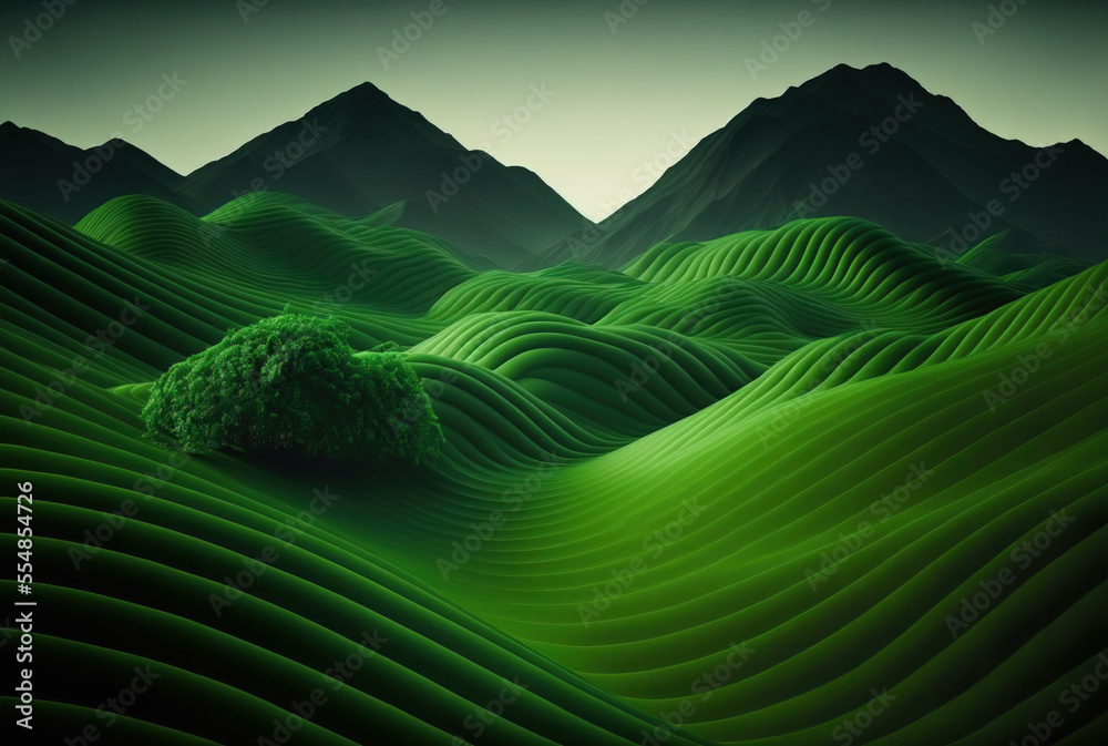 Surreal green landscape with hills and mountains, Generative AI ...