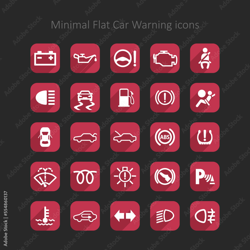 Car dashboard panel minimal flat icons symbols warning lights isolated ...