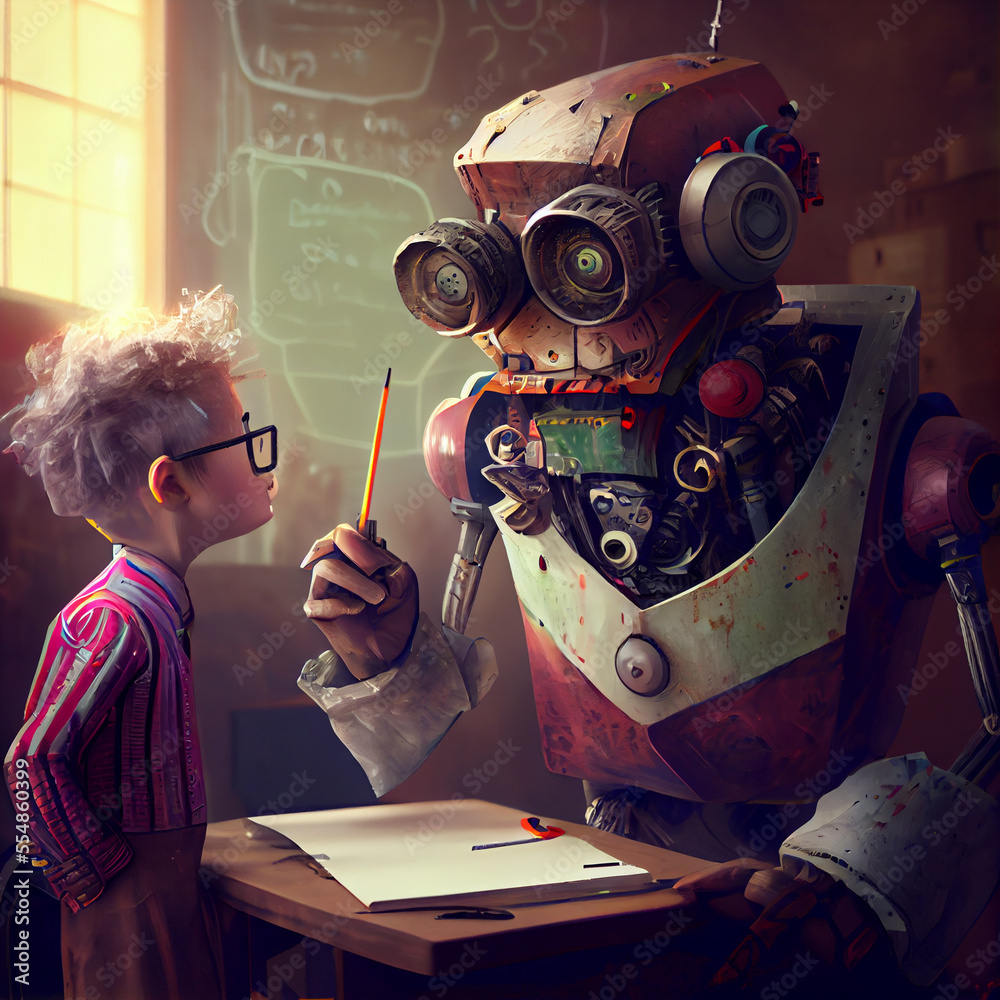 Robot teaching a little boy, futurisitic concept. Stock Illustration ...