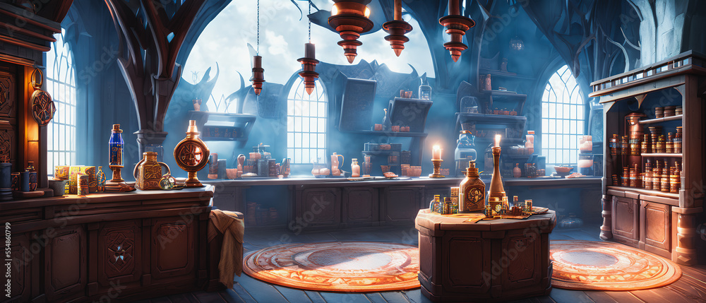 Painting of a vintage alchemy store, fairy tale interior. Generative AI ...