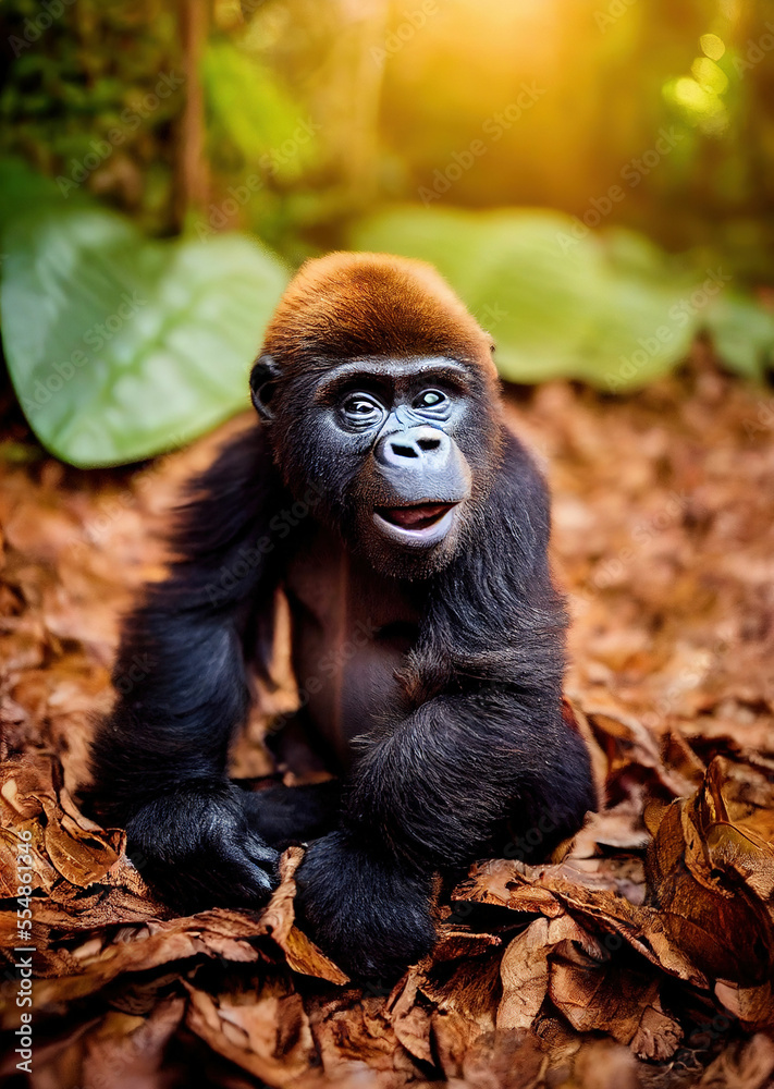 Cute monkey portrait sitting on leaves ,made with Generative AI Stock ...