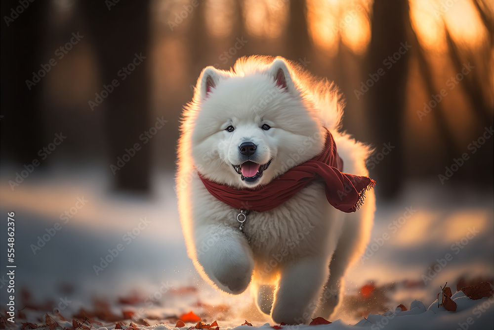 Beautiful white Samoyed dog puppy wearing a patterned red scarf and ...