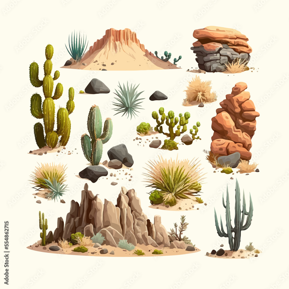 Cartoon sand desert elements. Isolated on background. Cartoon flat ...