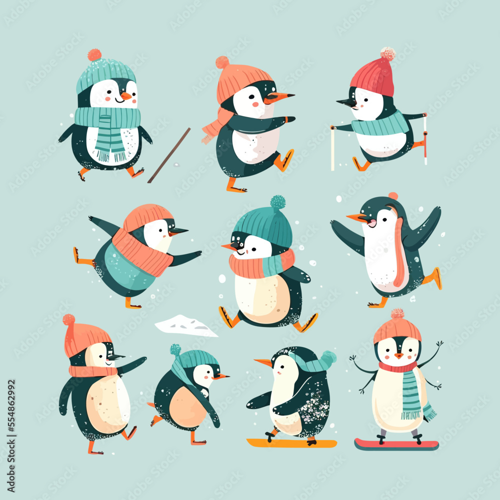 Penguin in winter activities. Isolated on background. Cartoon flat ...