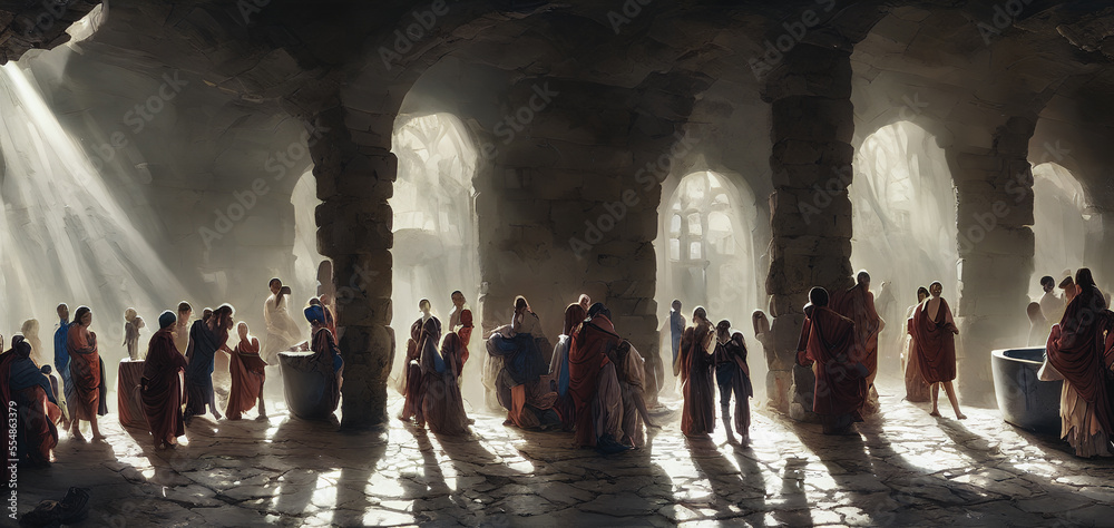 Painting of Ancient roman bathhouse,People wash in the bathhouse ...