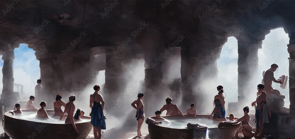 Painting of Ancient roman bathhouse,People wash in the bathhouse ...