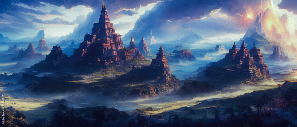Aztec temple in mountain landscape, Generative AI Stock Illustration ...