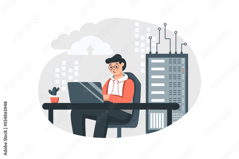 Engineer works in server room concept in flat design. Man works at ...
