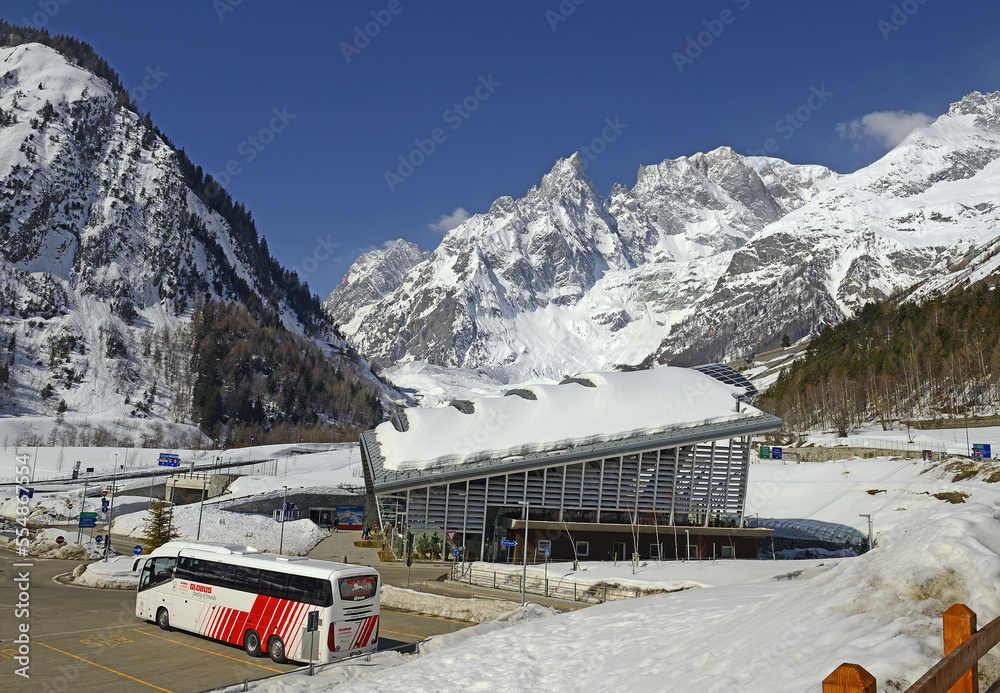 COURMAYEUR, ITALY - Lower station of the cable car (Skyway Monte Bianco ...
