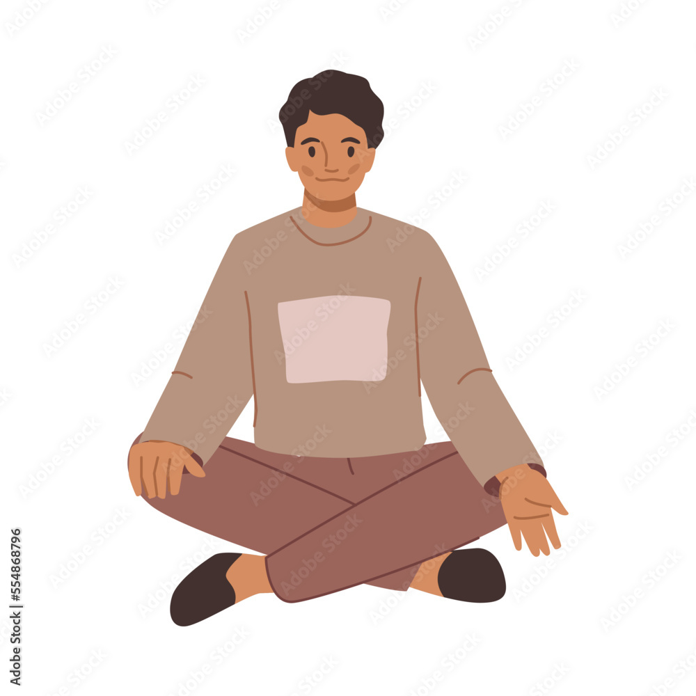 Cartoon guy sits in yoga pose, shows or announce something, promotion ...