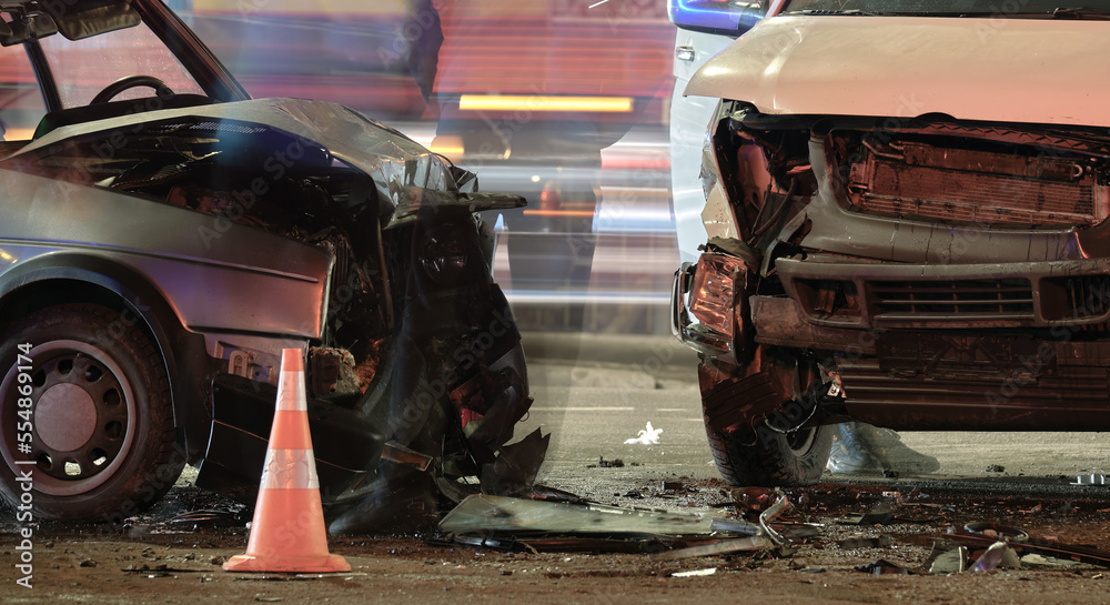 Cars crashed heavily in road accident after collision on city street at ...