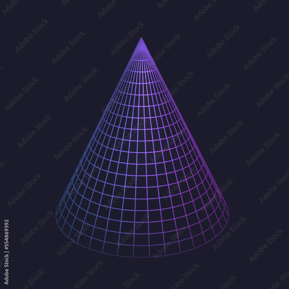 Cone low poly line geometric shape of neon color, grid of geometry ...