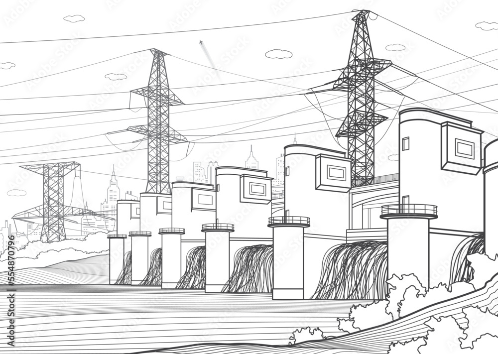 Hydro power plant. River Dam. Renewable energy sources. High voltage ...