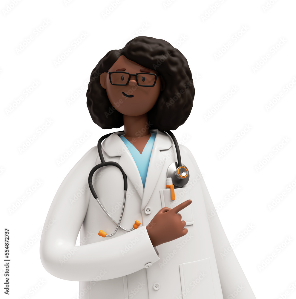 3d render. Black woman doctor shows direction with index finger ...