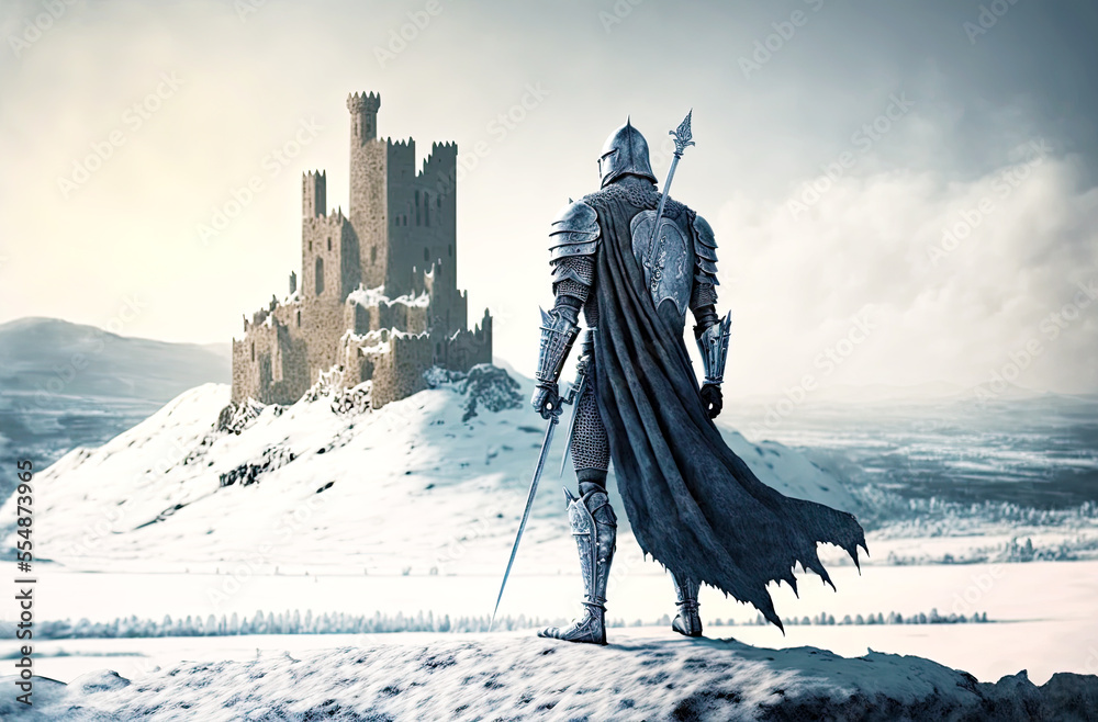 Medieval knight at winter landscape and looking at ruined castle ...