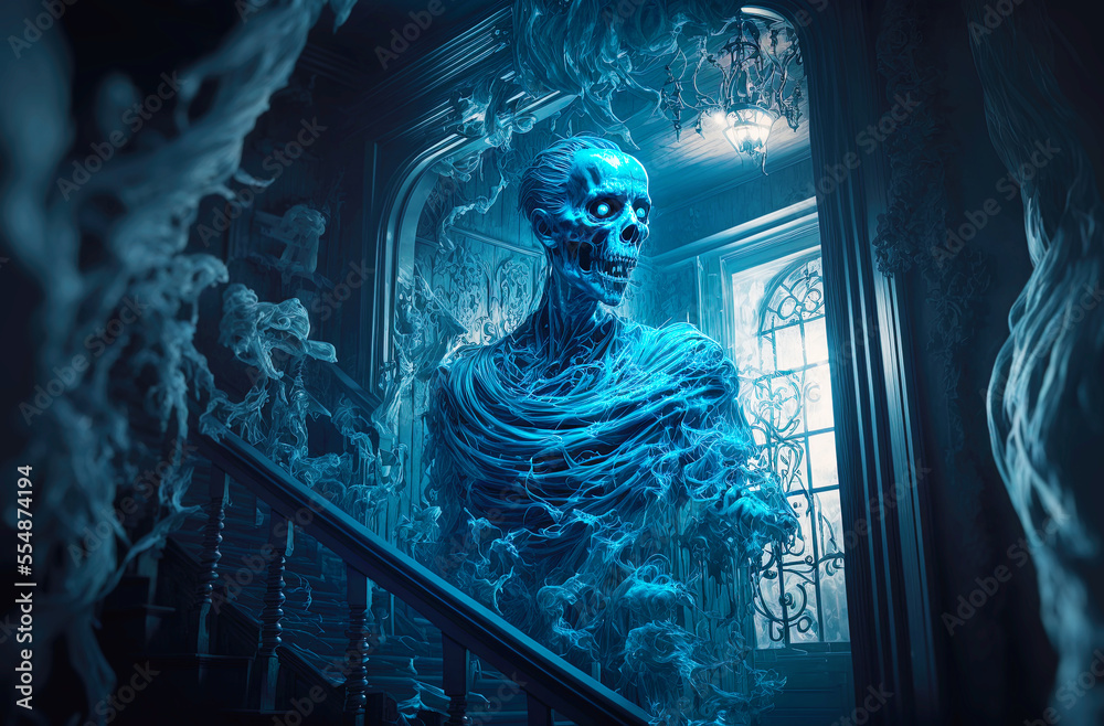 Horror house interior with scary awakened zombie on the staircase ...