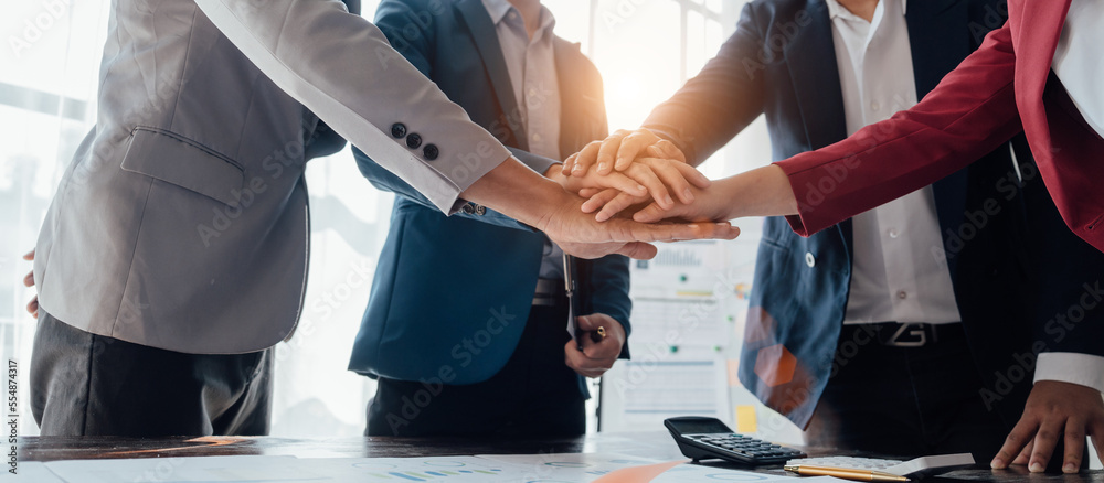 Business teamwork concept. Business workers people friends is joining ...