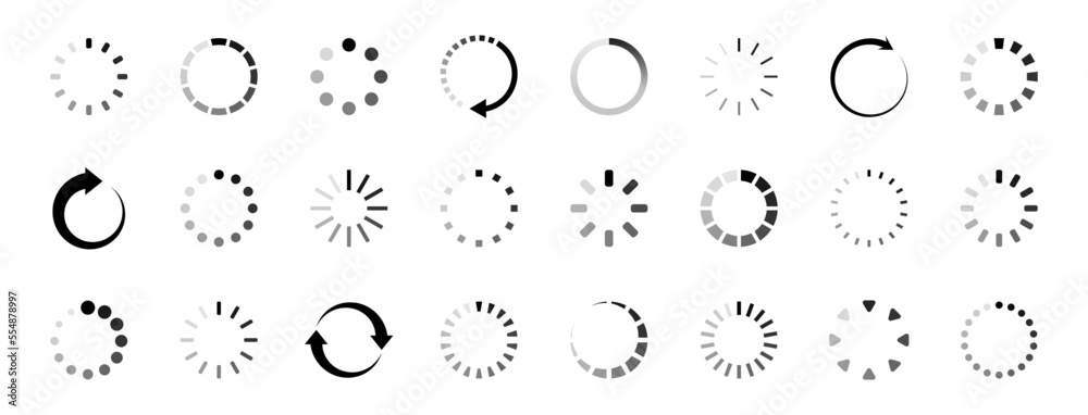 Loading icon set. Load circle icons. Download indicator sign. Progress loading bar. Upload ...
