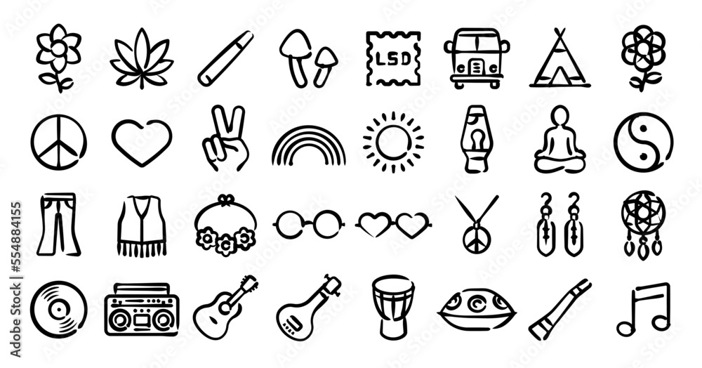 Hippie icon set (Hand draw version) Stock Vector | Adobe Stock