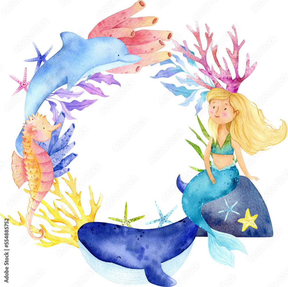 Watercolor mermaid graphics, sea corals and shells wreath. Underwater ...