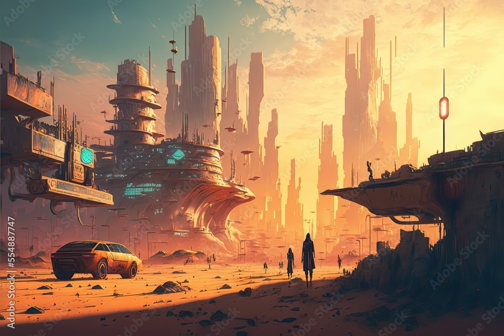 Retro futuristic cyberpunk city in a dessert, withneo buildings and ...
