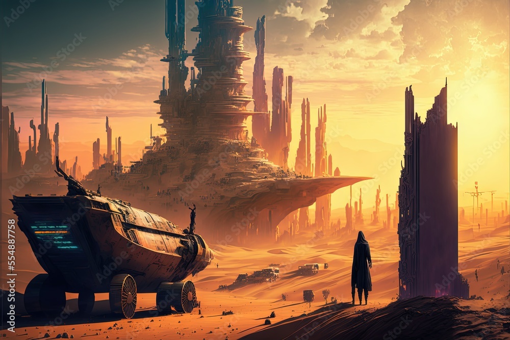 Retro futuristic cyberpunk city in a dessert, withneo buildings and ...