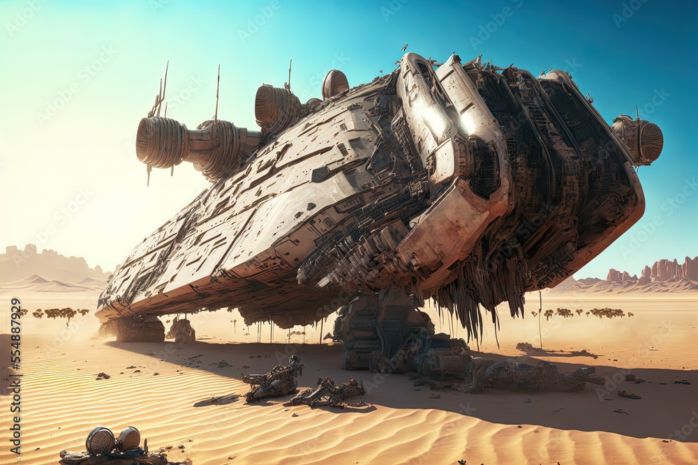 Generative Ai, Cyberpunk space ship wreck exterior,Sci fi scene image ...