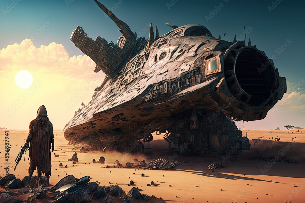 Generative Ai, Cyberpunk space ship wreck exterior,Sci fi scene image ...